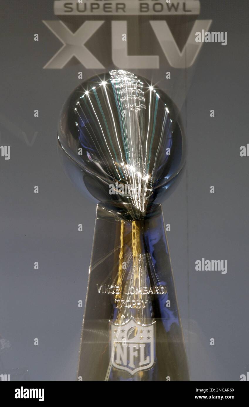 The Vince Lombardi Trophy is displayed before a news conference with ...