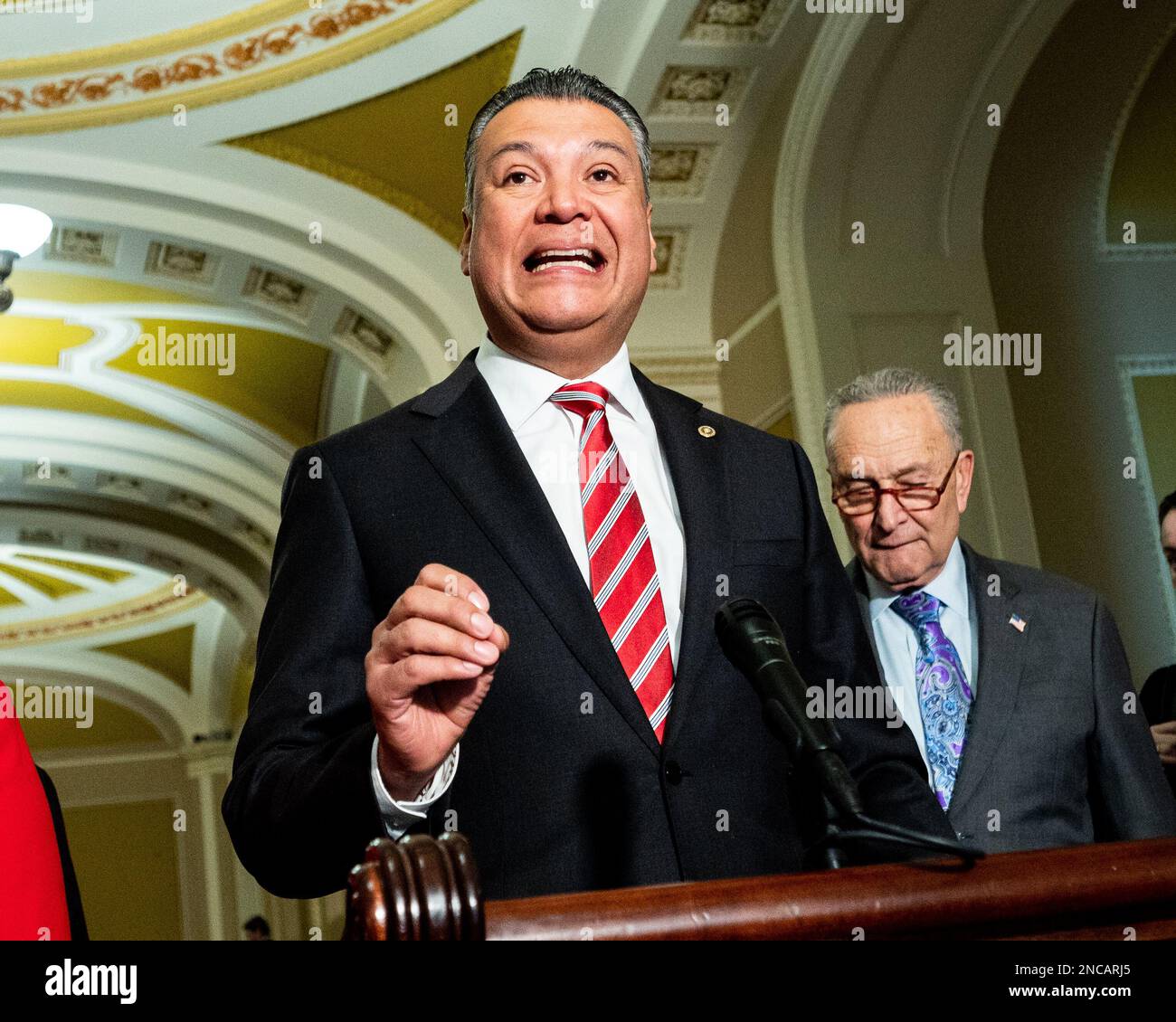U.S. Senator Alex Padilla (D-CA) speaking at a press conference ...