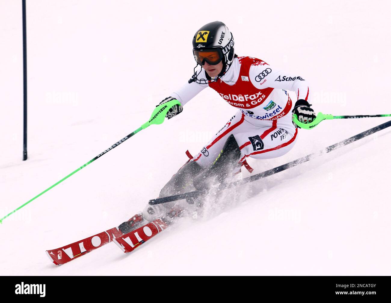 Austria's Kathrin Zettel clears a gate during the first run of a women ...