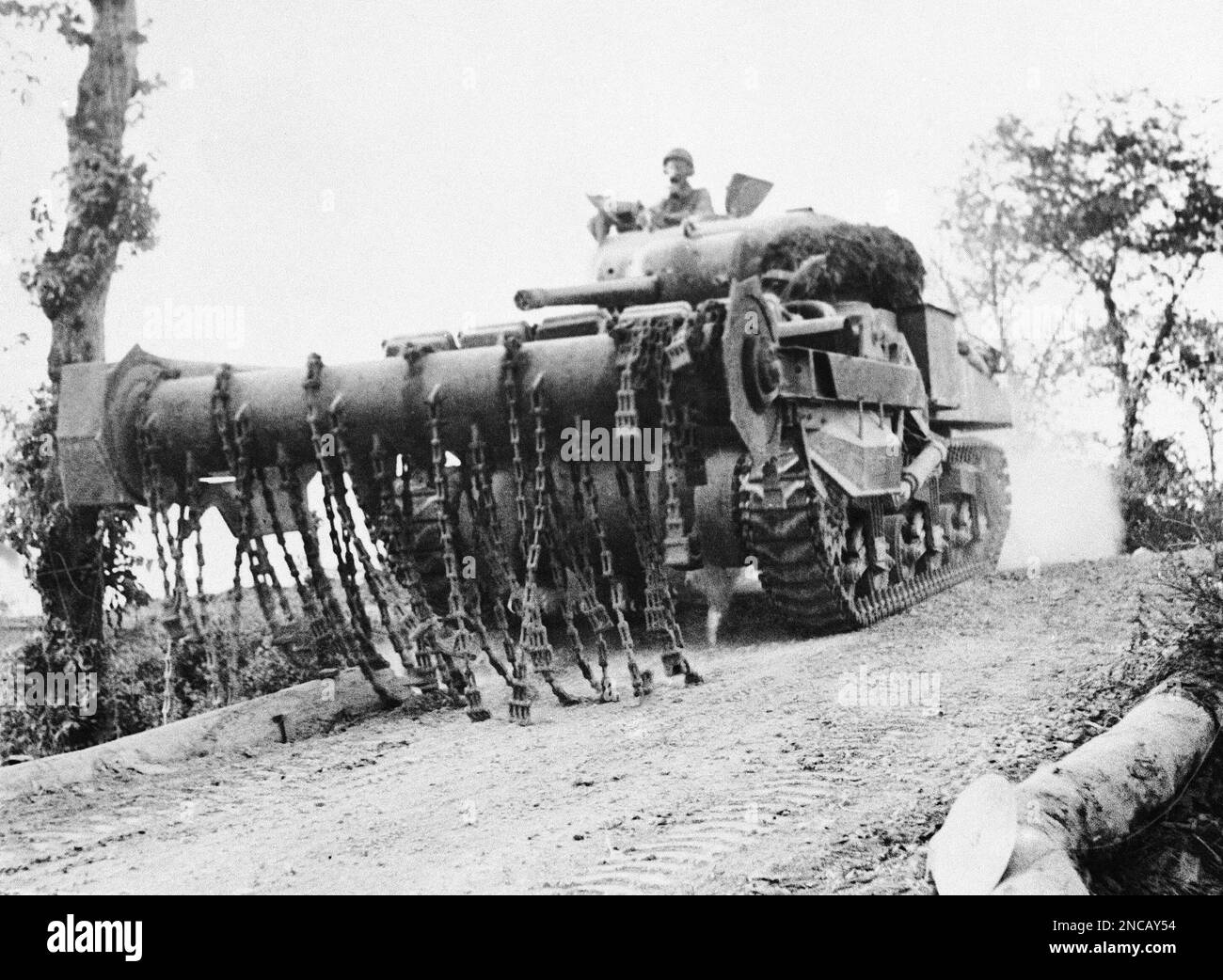 A flail tank making its way towards the Orne with a convoy of vehicles ...