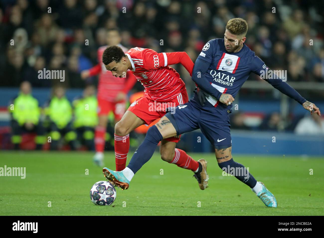 Sergio Ramos of FC Paris Saint Germain Jamal Musiala of Bayern Muenchen ...