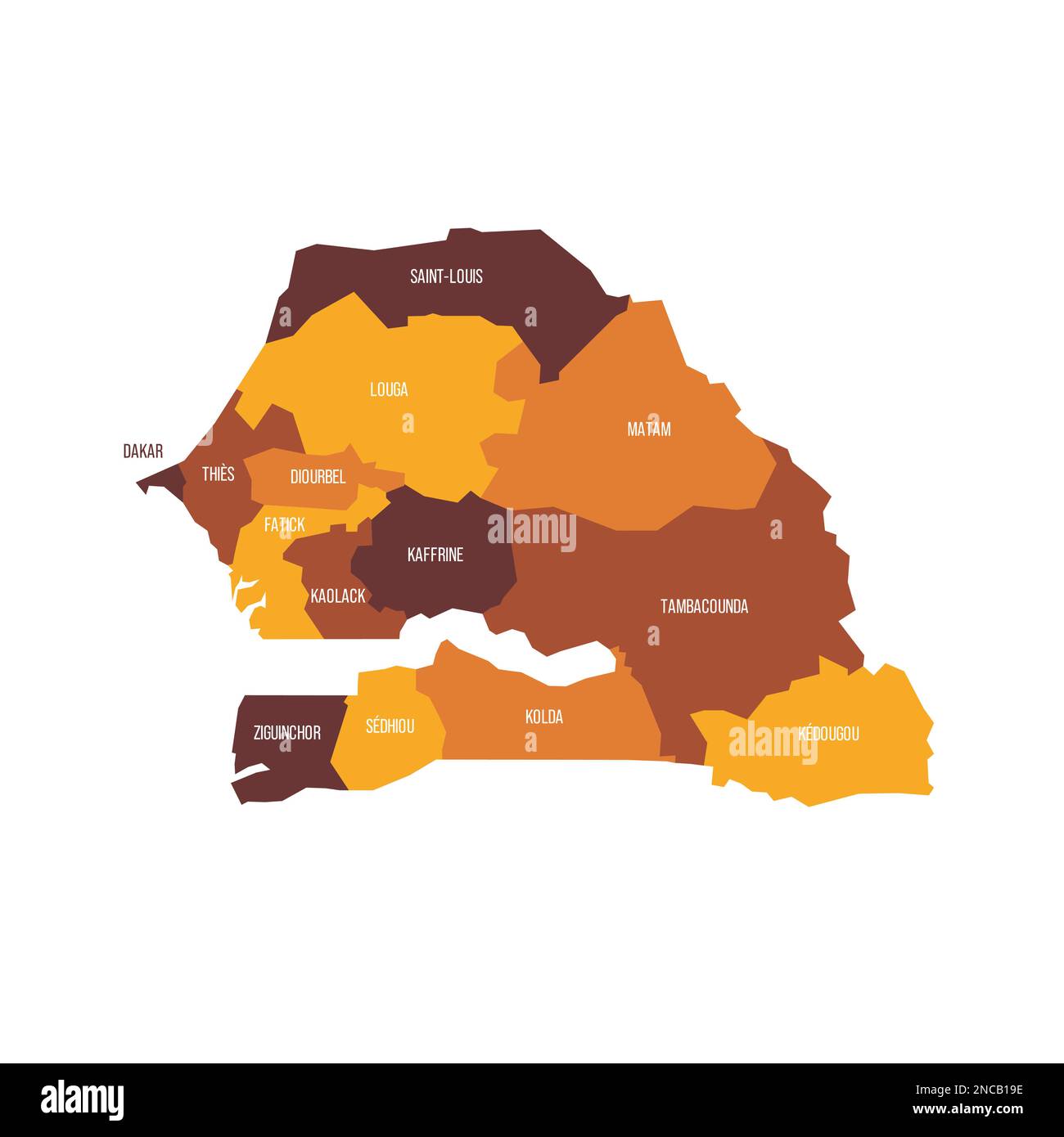 Senegal political map of administrative divisions - regions. Flat vector map with name labels ...