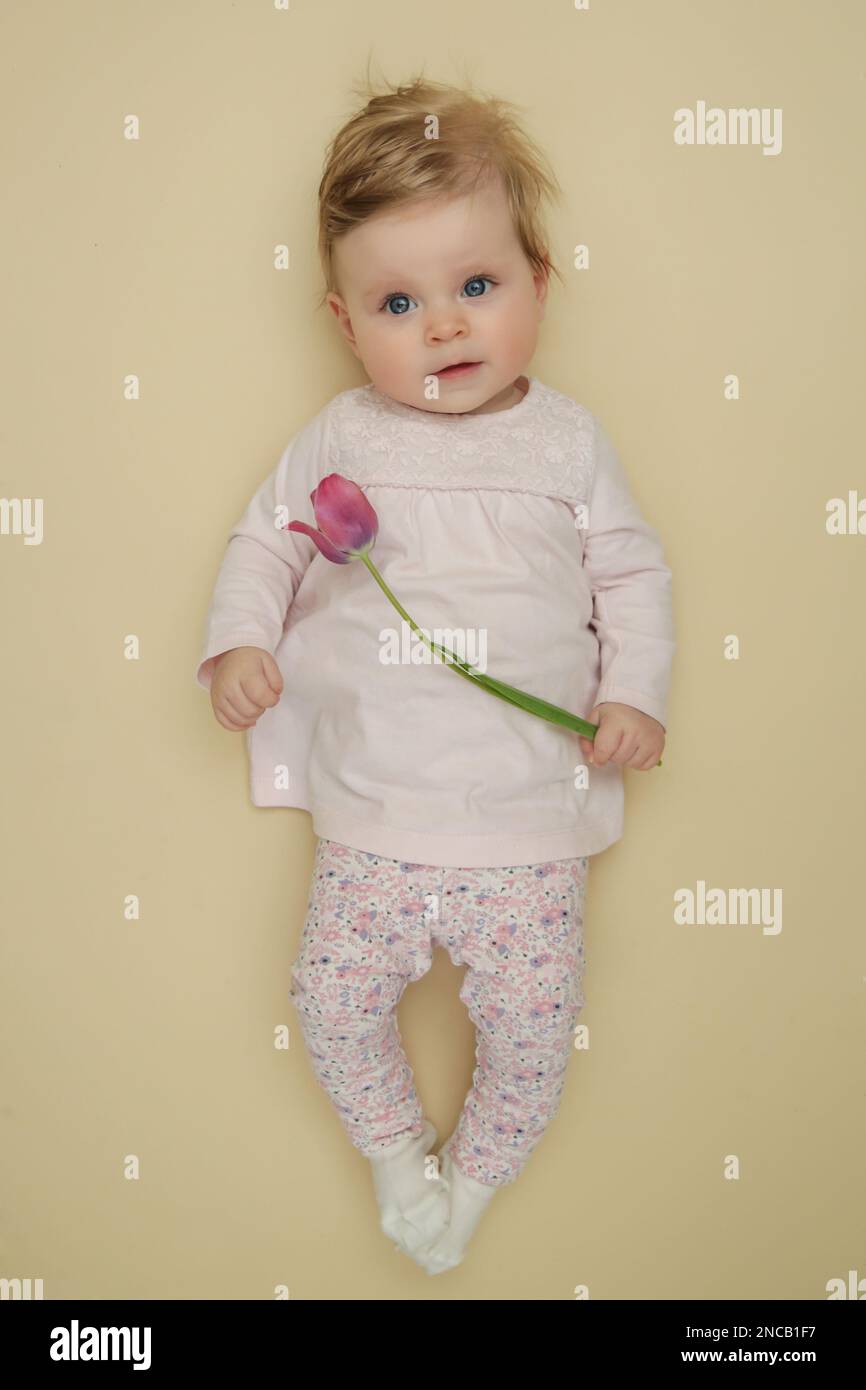 Adorable five months old baby with pink spring tulips. Herald of spring ...
