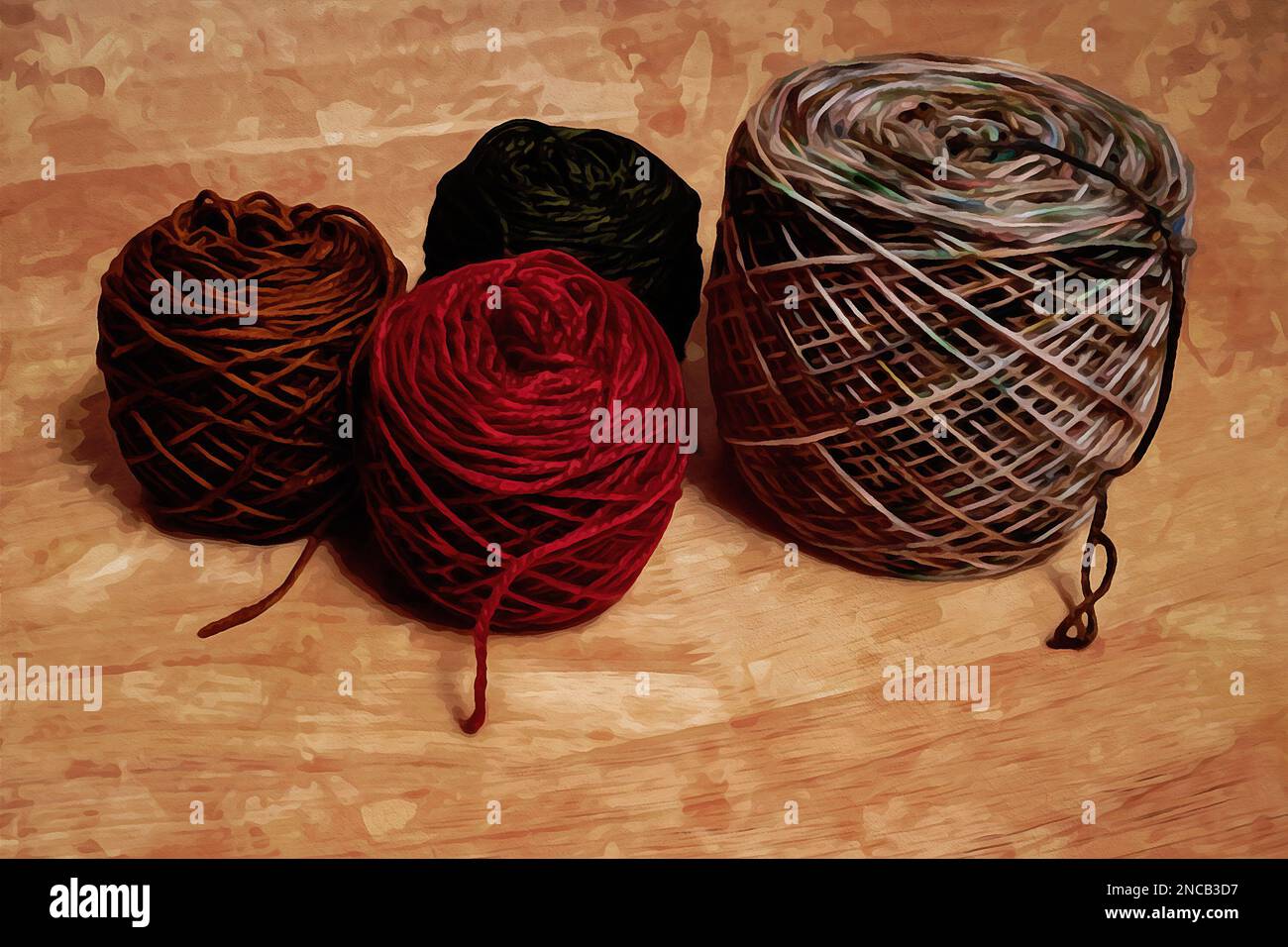 Digitally created watercolor painting of multiple skeins of yarn with ...