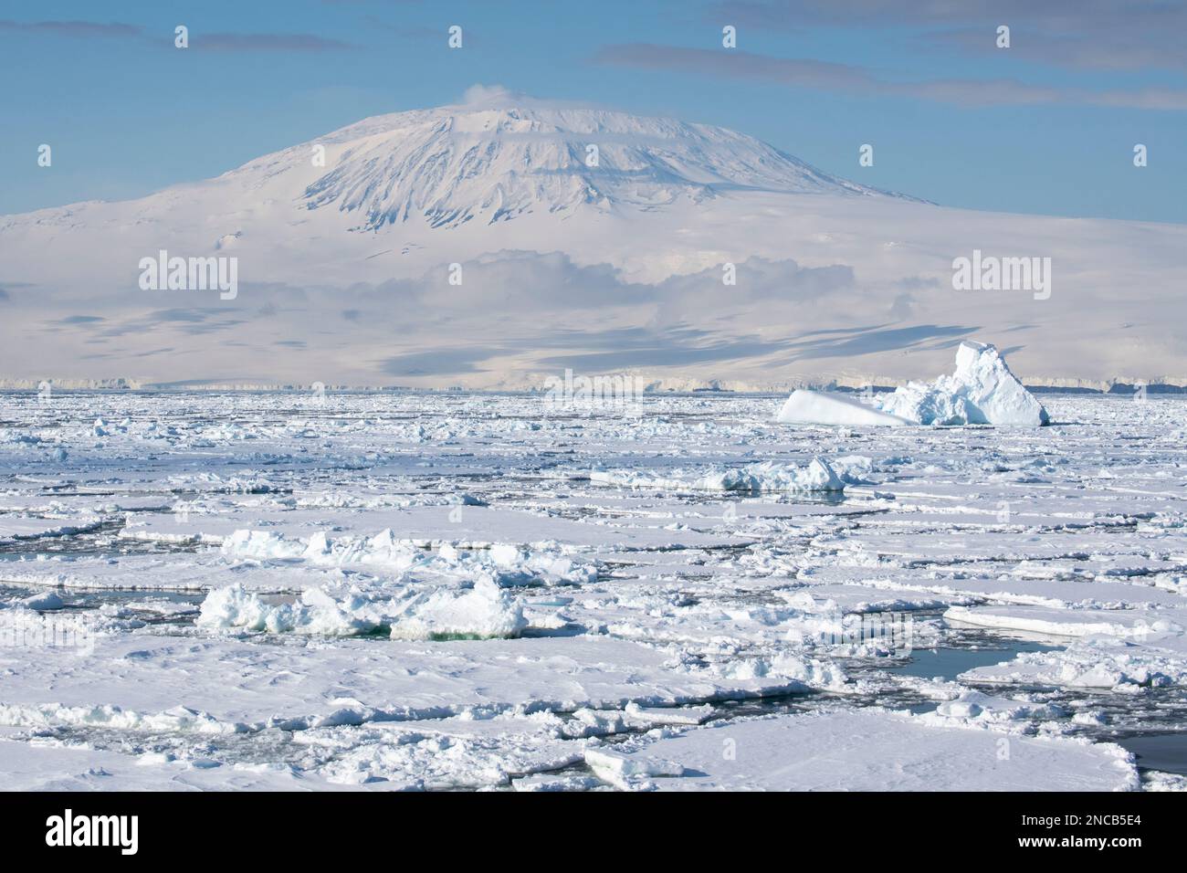 Antarctica, Ross Island, Ross Sea. Pack ice in front of Mount Erebus ...