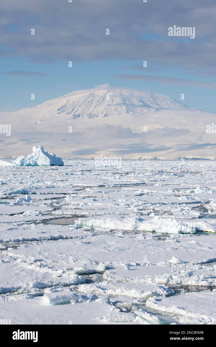 Antarctica, Ross Island, Ross Sea. Pack ice in front of Mount Erebus ...