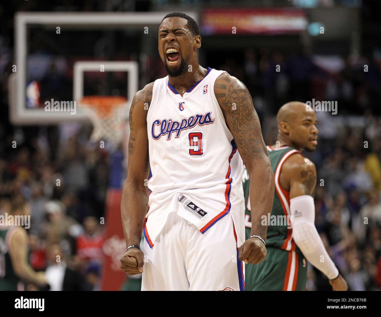 Los Angeles Clippers center DeAndre Jordan, celebrates a basket by ...