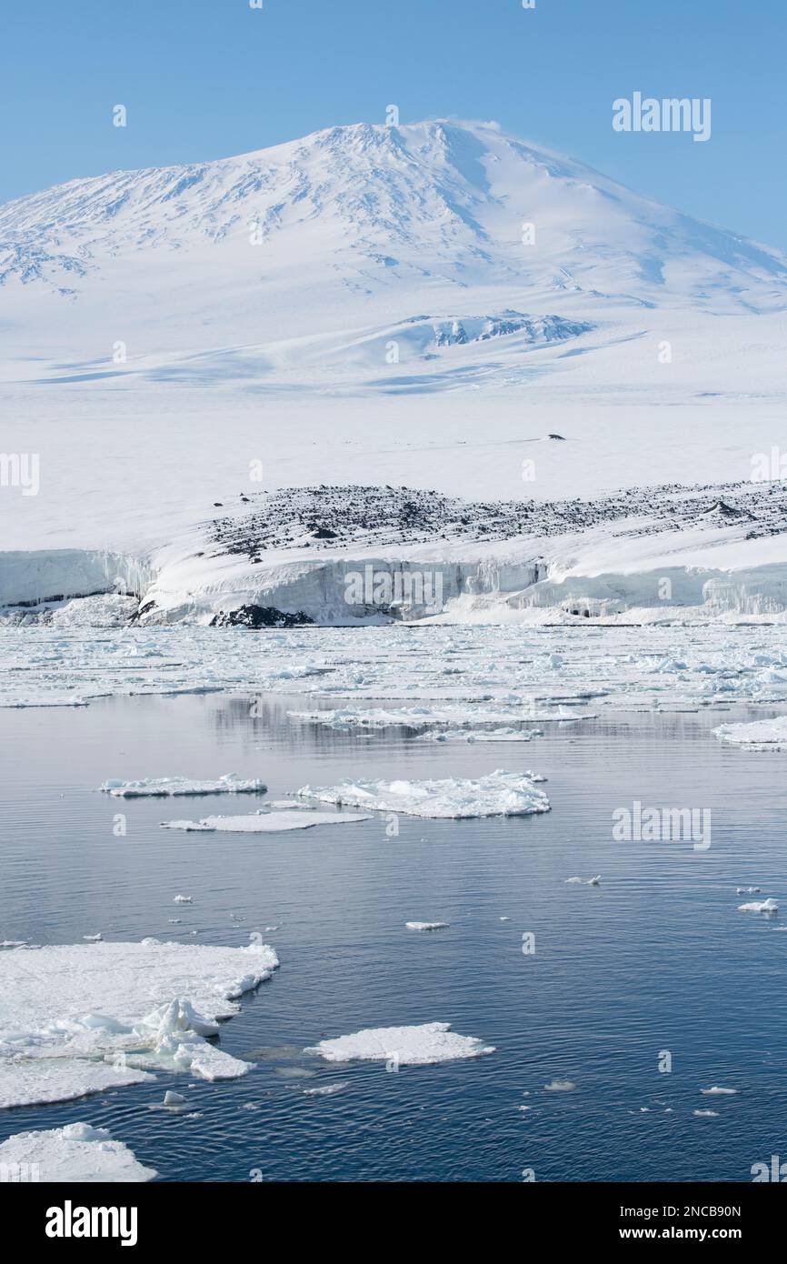 Antarctica, Ross Island. Ross Sea view of Mount Erebus, classic active ...