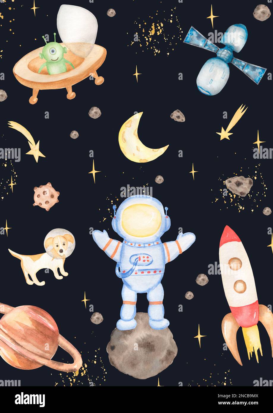 Watercolor space elements: stars, planet, moon, astronaut, spaceship ...