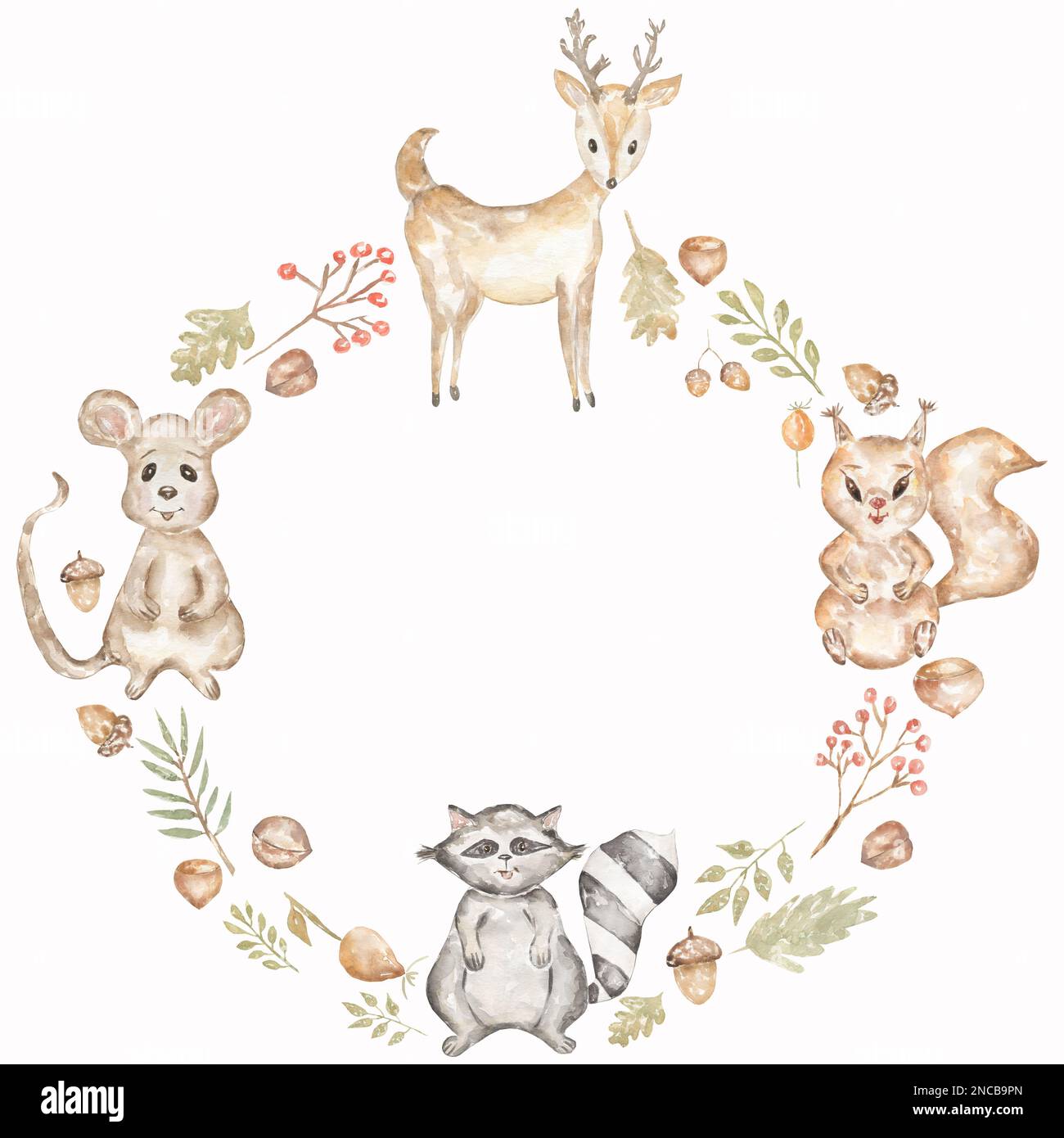 Cute cartoon watercolor forest animals wreath. Hand painted lovely baby ...