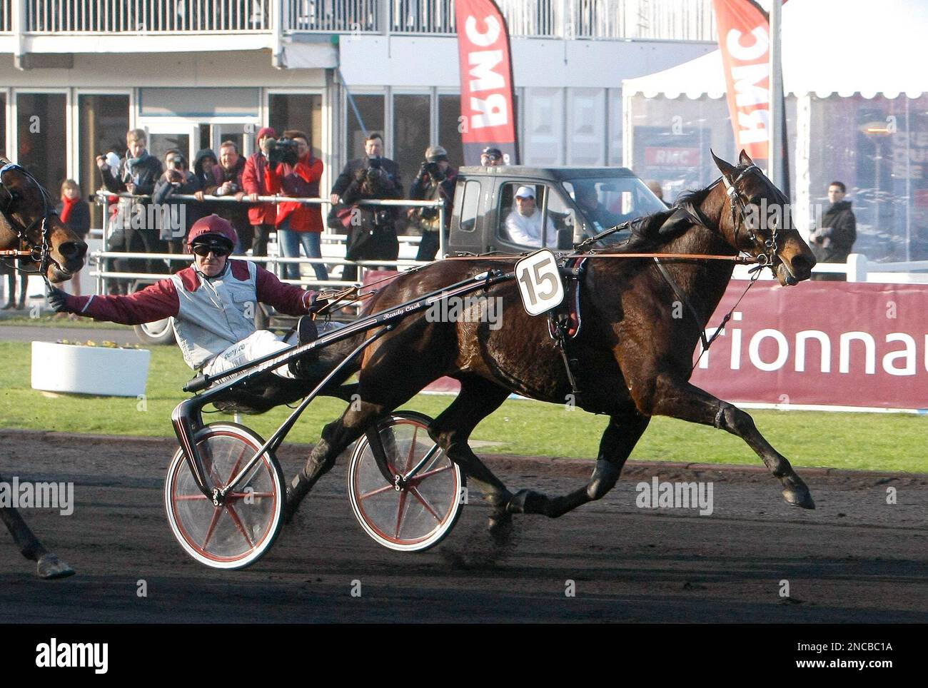 French jockey Franck Nivard reacts after he crosses the finish line to ...