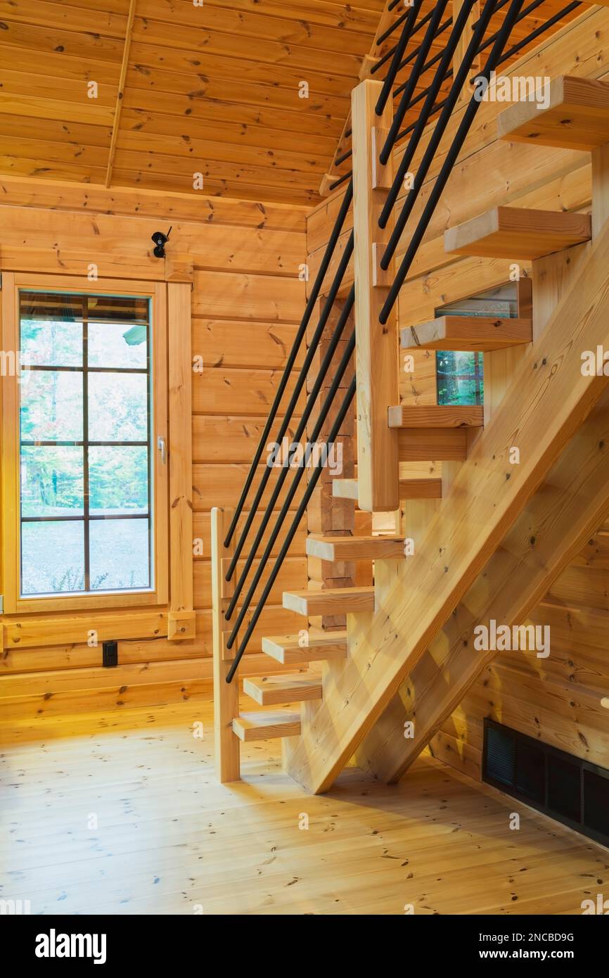 Staircase with wooden posts and black metal tubular handrail in living ...