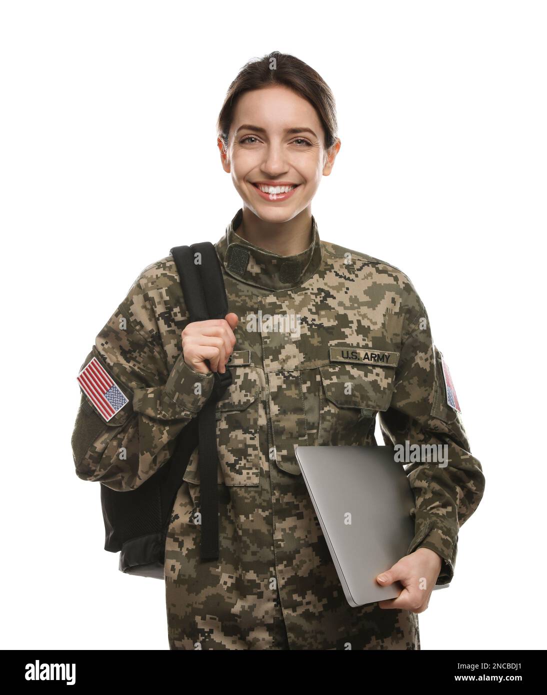 Female cadet with backpack and laptop isolated on white. Military ...