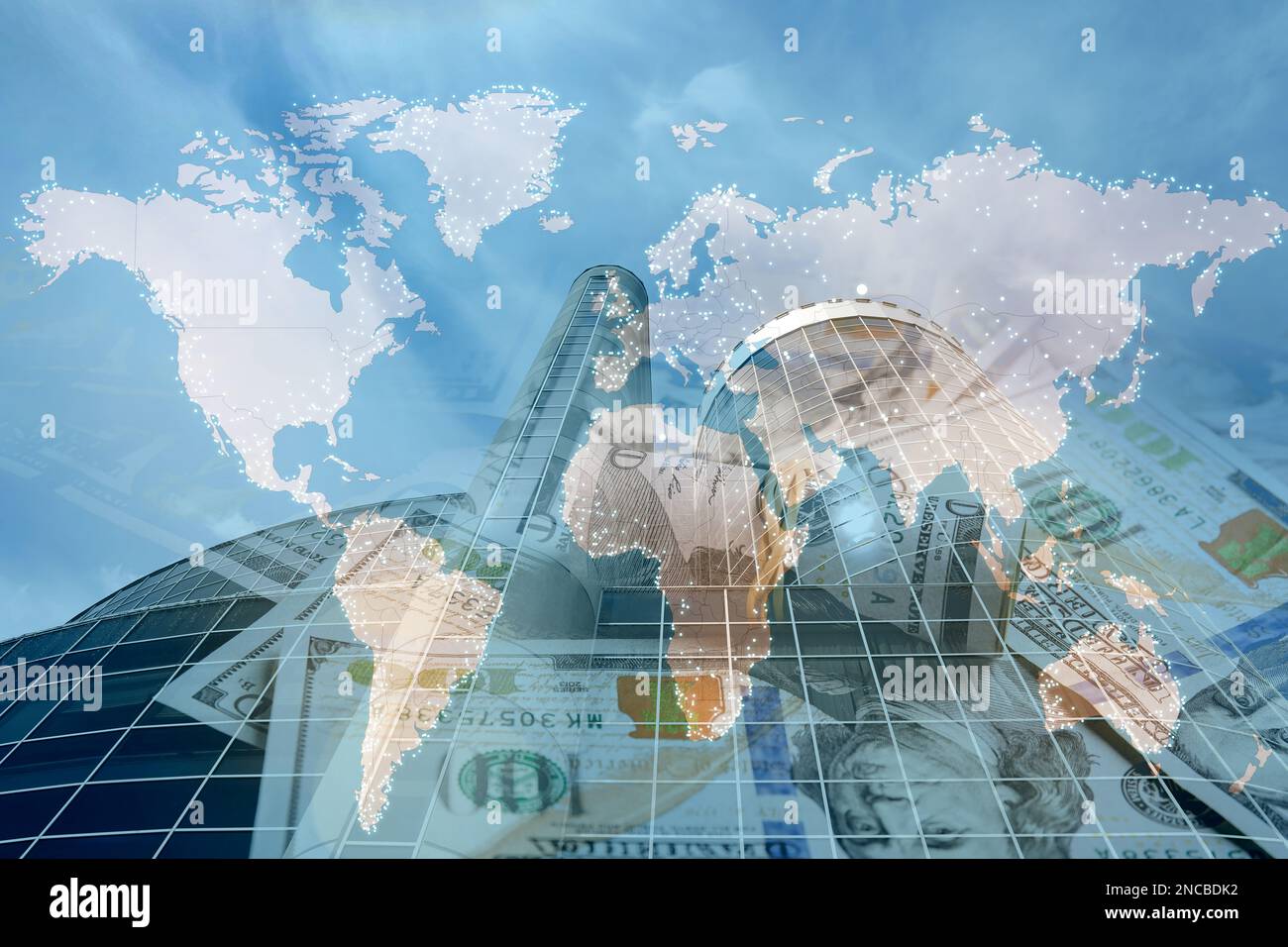 Multiple exposure of money, world map and building. Online payment ...