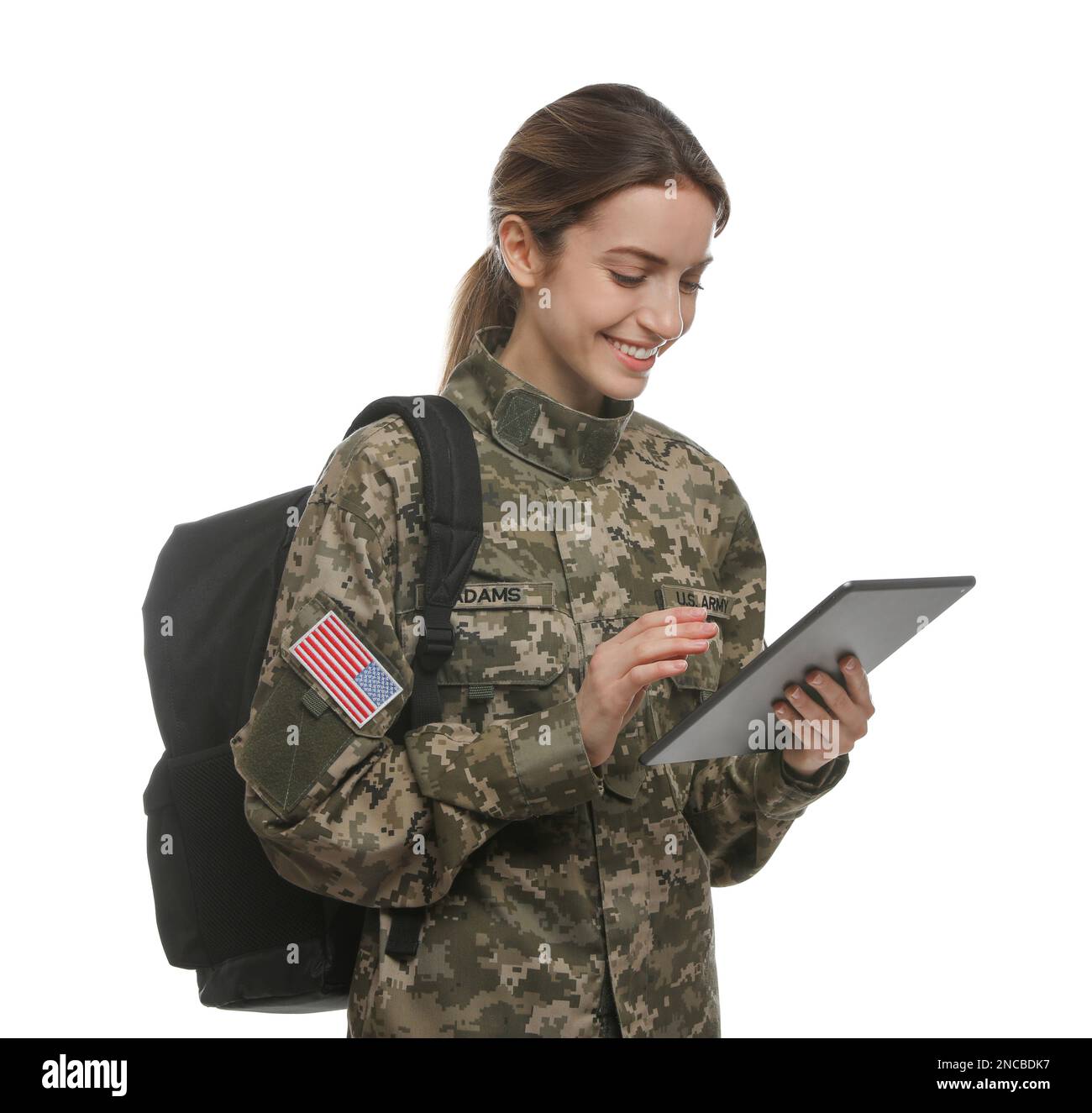 Female cadet with backpack and tablet isolated on white. Military ...