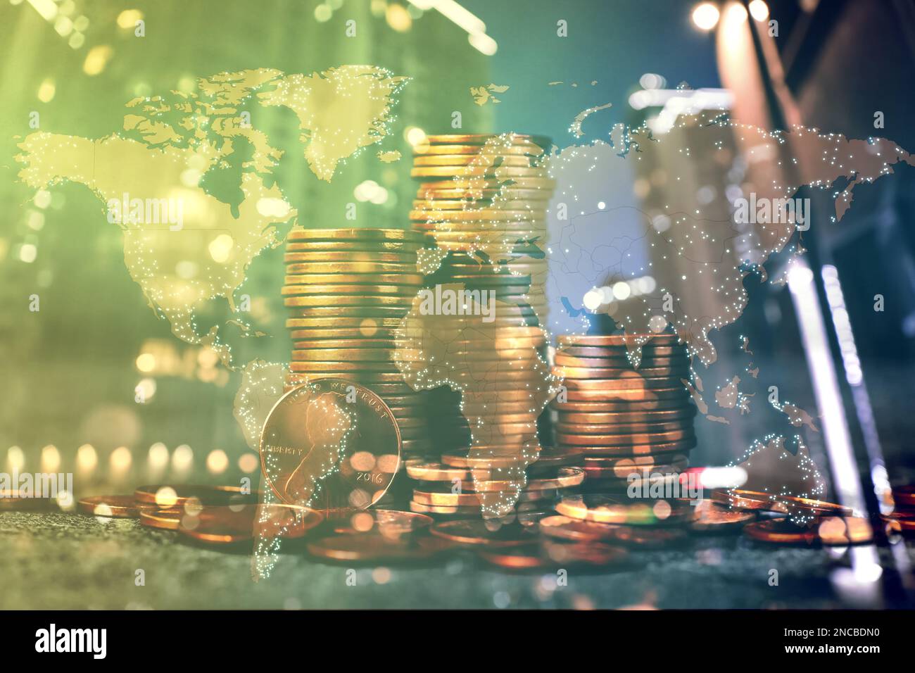 Multiple exposure of coins, world map and cityscape. Online payment ...