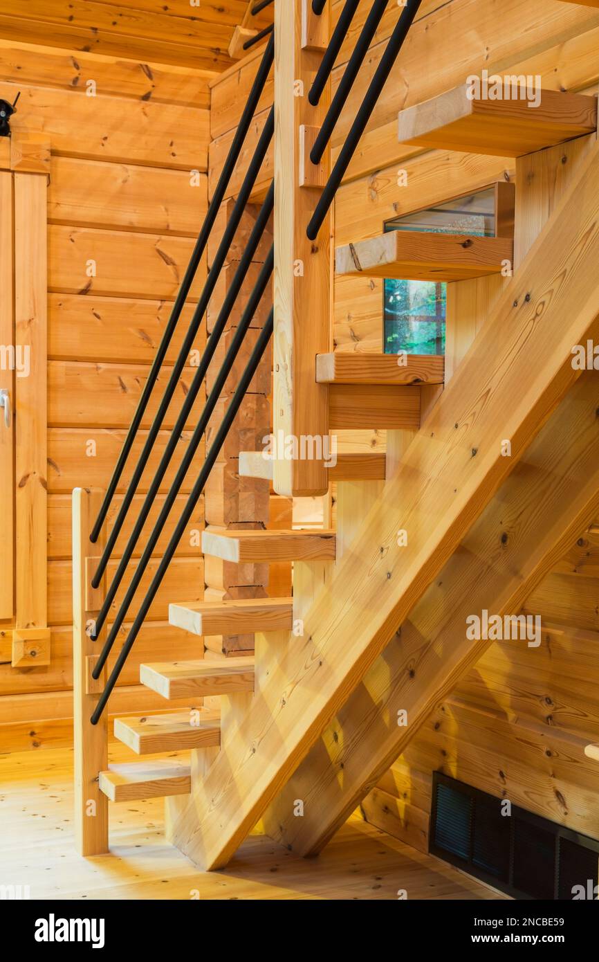 Log Home Stair Railing Staircase With Wooden Posts And Black Metal