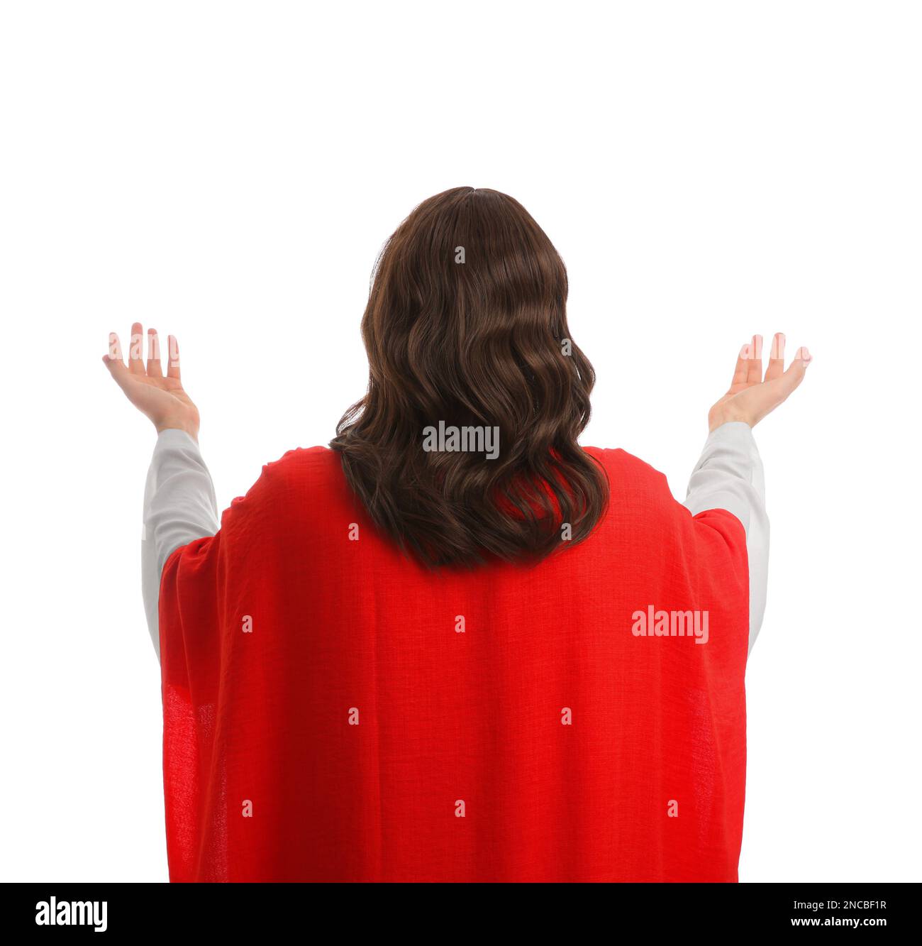 Jesus Christ on white background, back view Stock Photo - Alamy