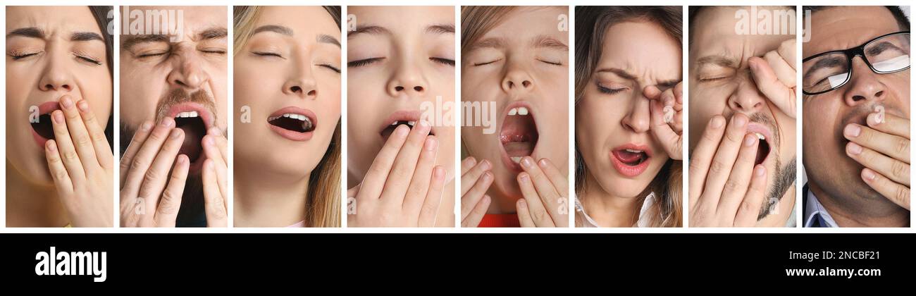 Collage with photos of yawning people. Banner design Stock Photo - Alamy
