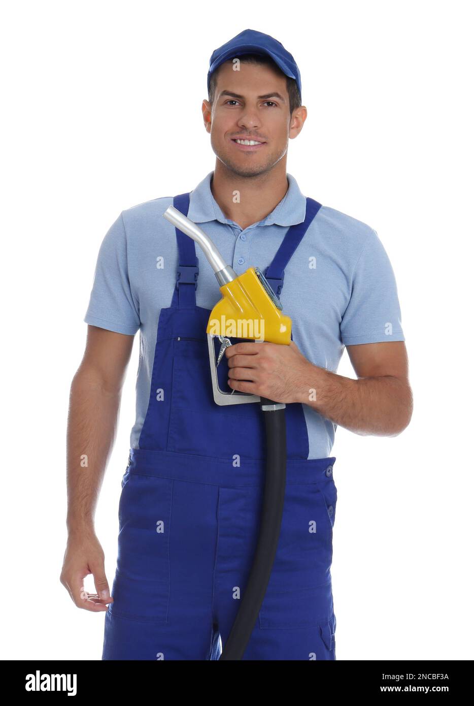 Gas station worker with fuel nozzle on white background Stock Photo - Alamy