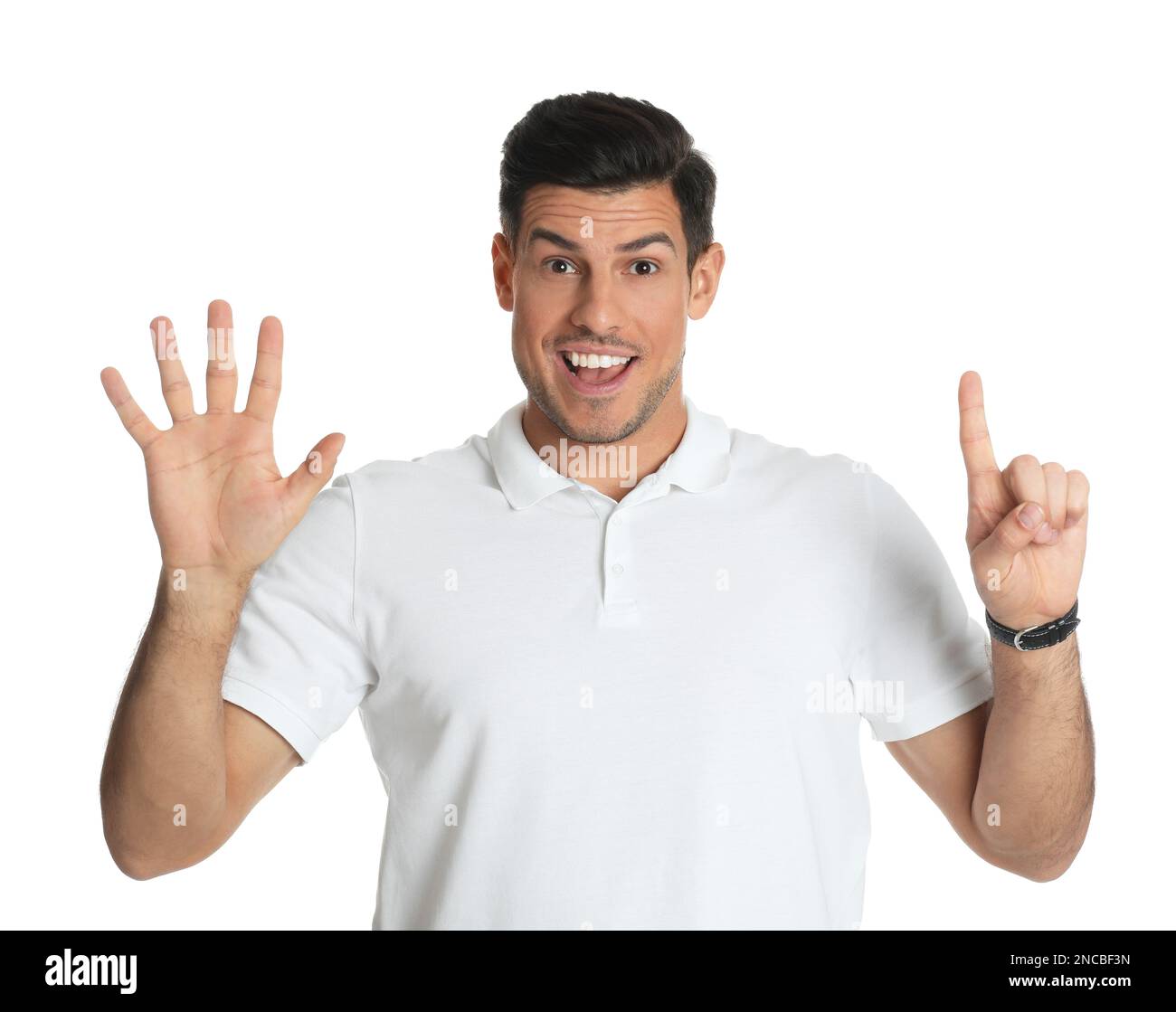 Man showing number six with his hands on white background Stock Photo ...