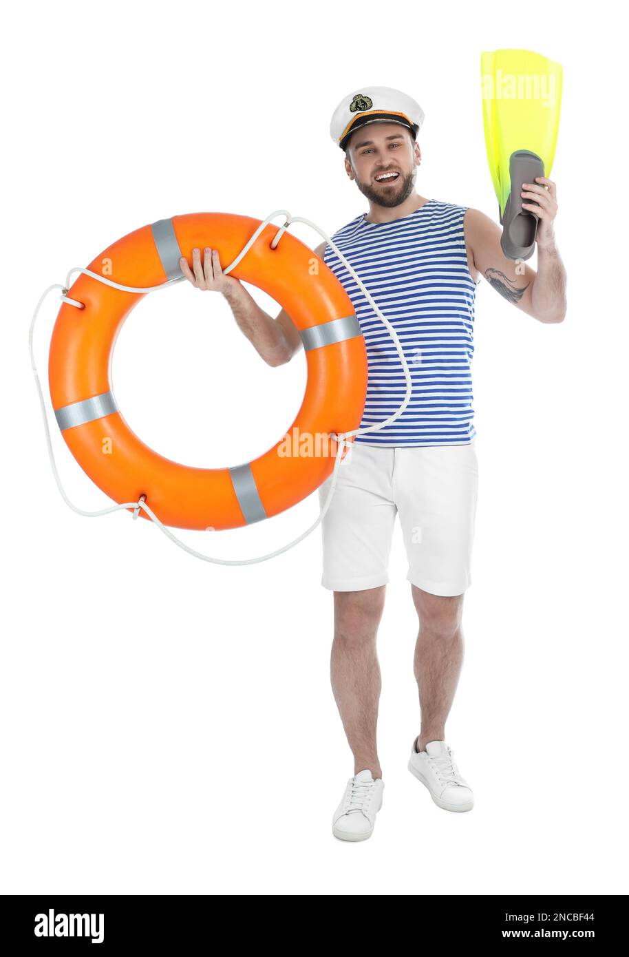 Sailor with ring buoy and swim fins on white background Stock Photo - Alamy