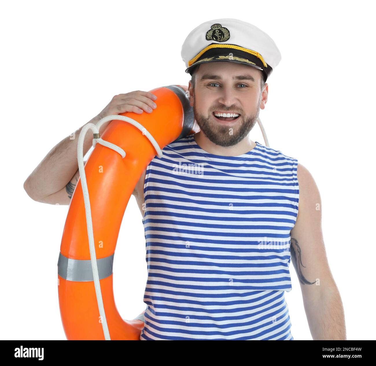 Happy sailor with ring buoy on white background Stock Photo - Alamy