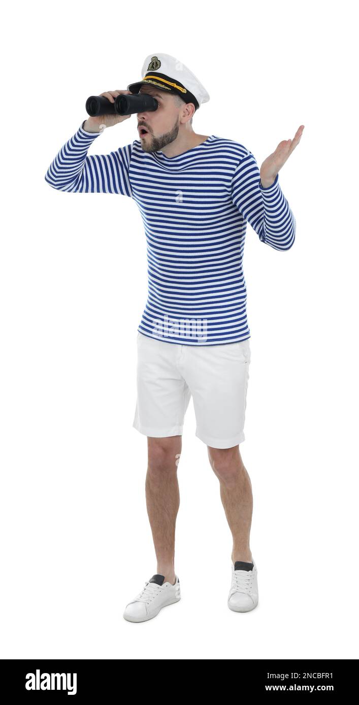 Sailor looking through binoculars on white background Stock Photo - Alamy