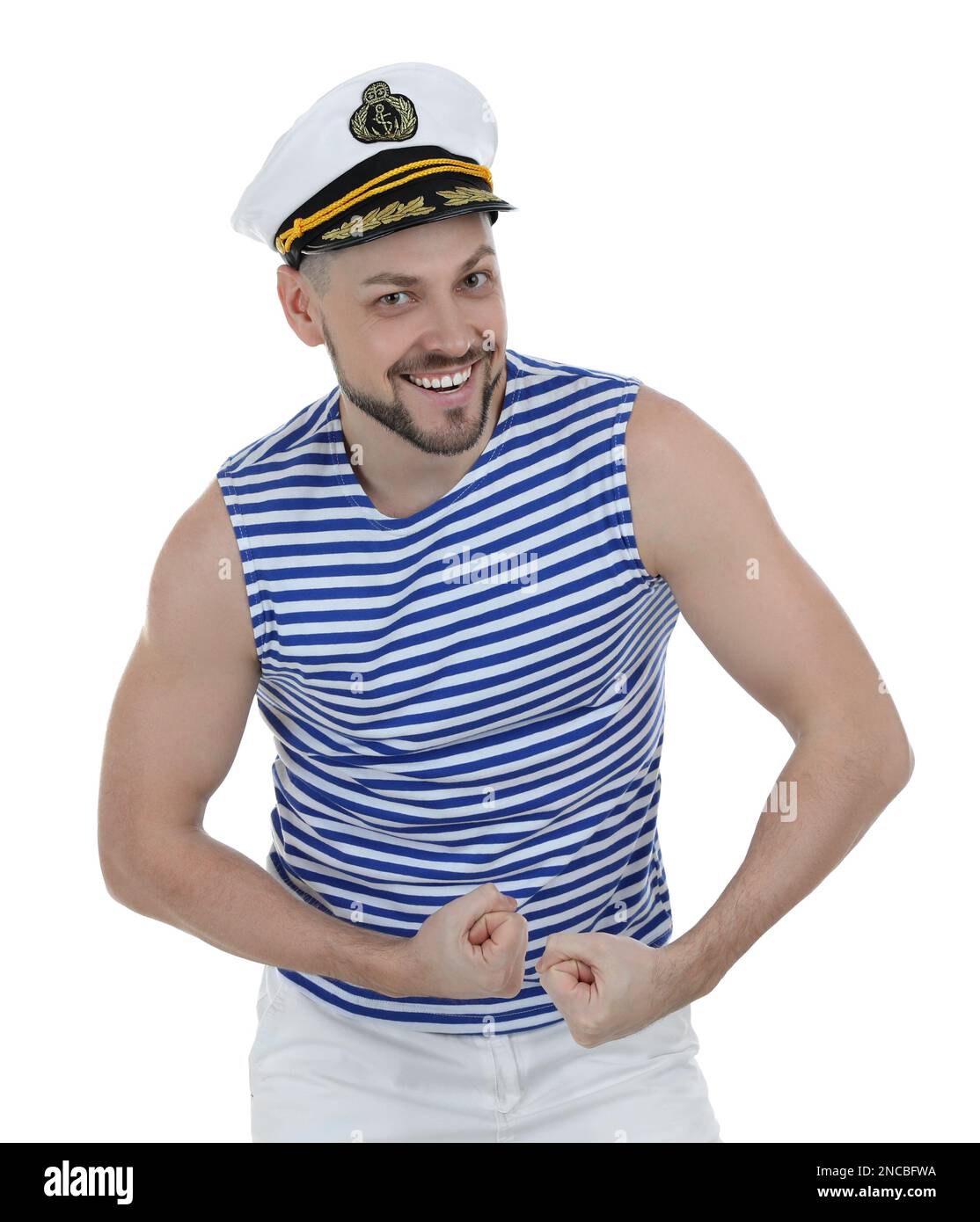 Happy sailor showing biceps on white background Stock Photo - Alamy