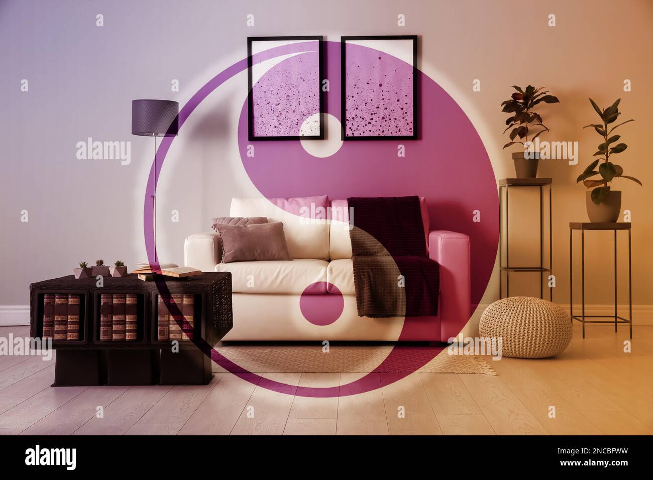 Stylish living room interior and Yin Yang symbol. Feng Shui philosophy ...