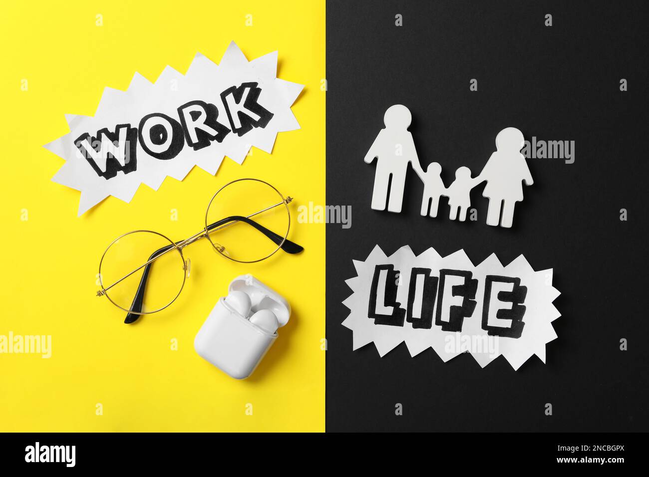 Family figures, eyeglasses and wireless earphones on color background ...