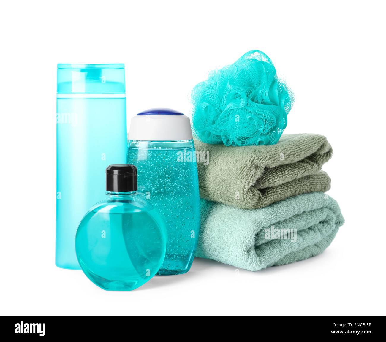 Personal hygiene products with towels and shower puff on white ...