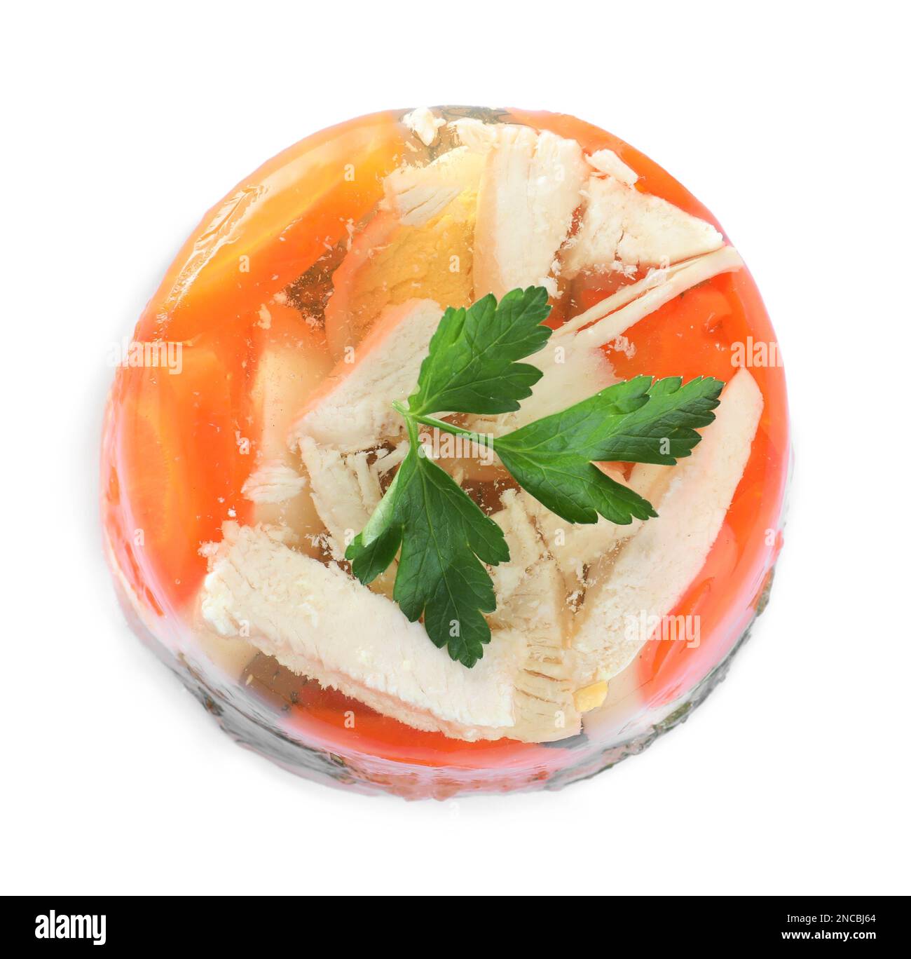 Delicious homemade chicken aspic isolated on white, top view Stock ...