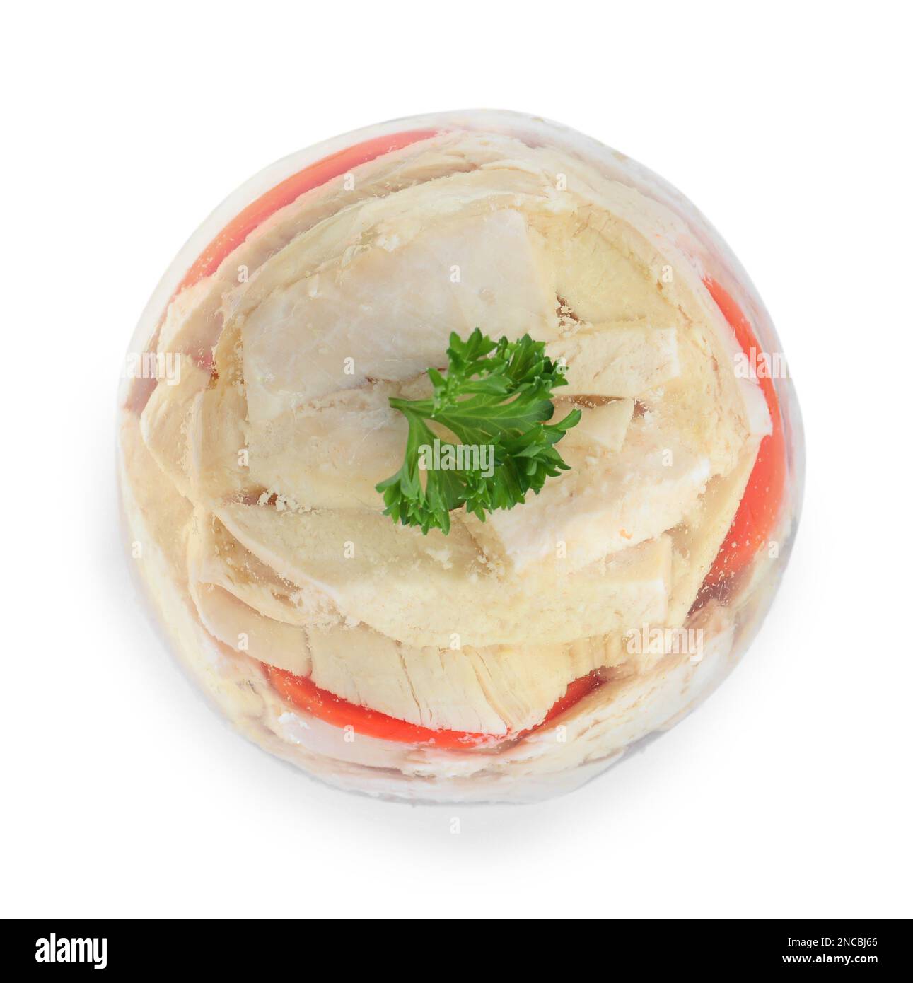 Delicious homemade chicken aspic isolated on white, top view Stock ...