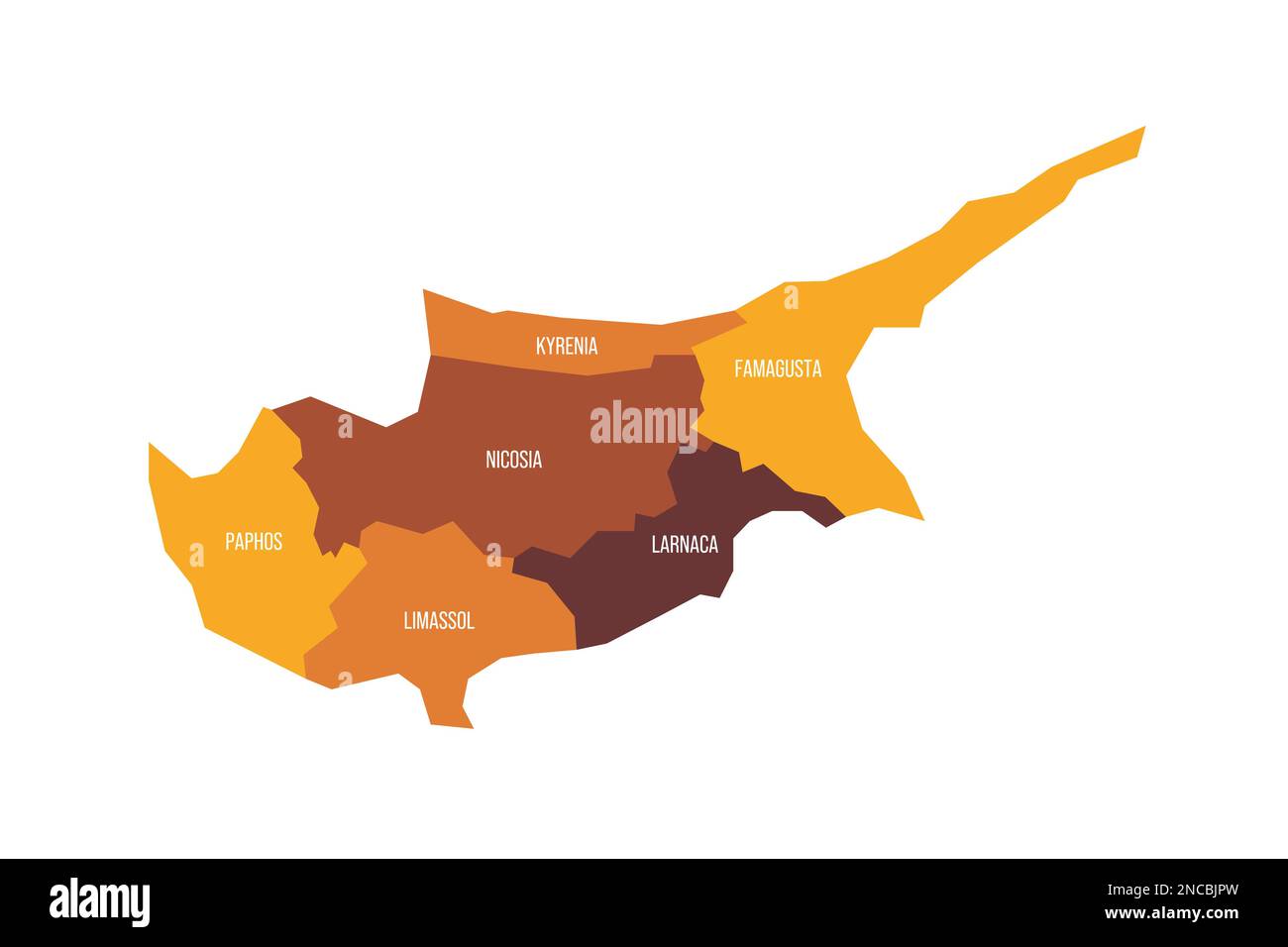 Cyprus political map of administrative divisions - districts. Flat vector map with name labels ...