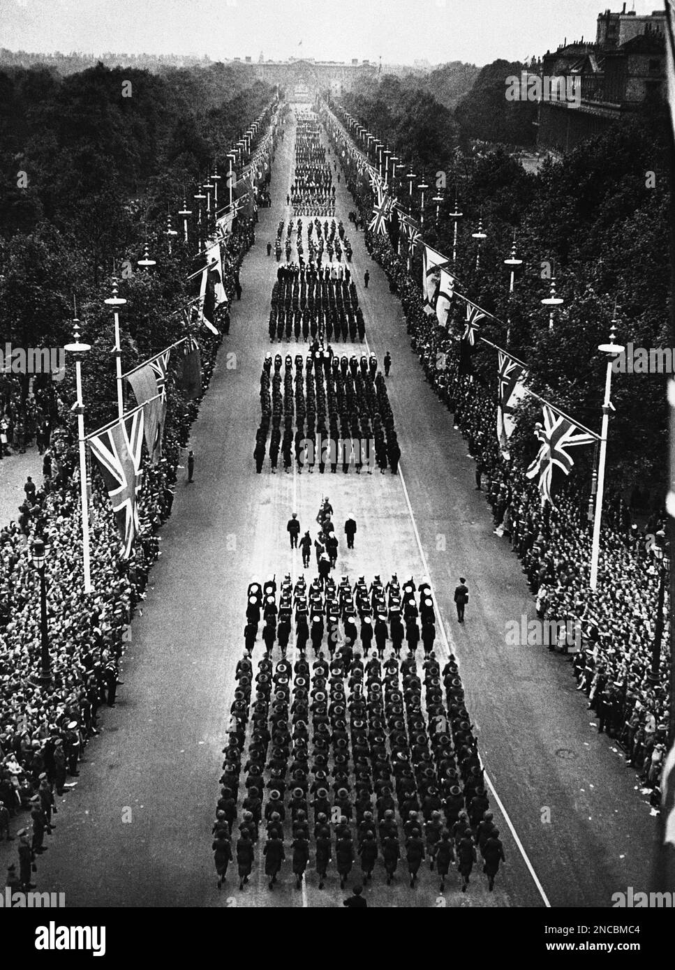 A view looking up The Mall, London, during the Victory-Day parade of ...