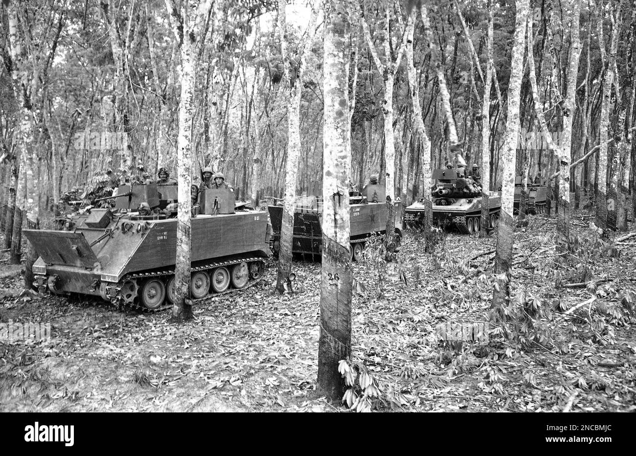 Personnel carriers and tanks manned by men of the 11th Armored Regiment ...