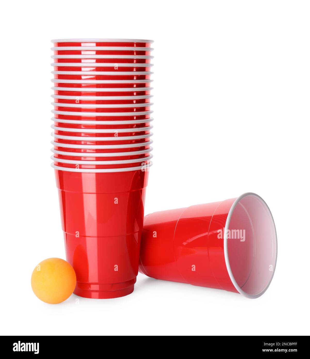 Red plastic cups and ball for beer pong on white background Stock Photo ...