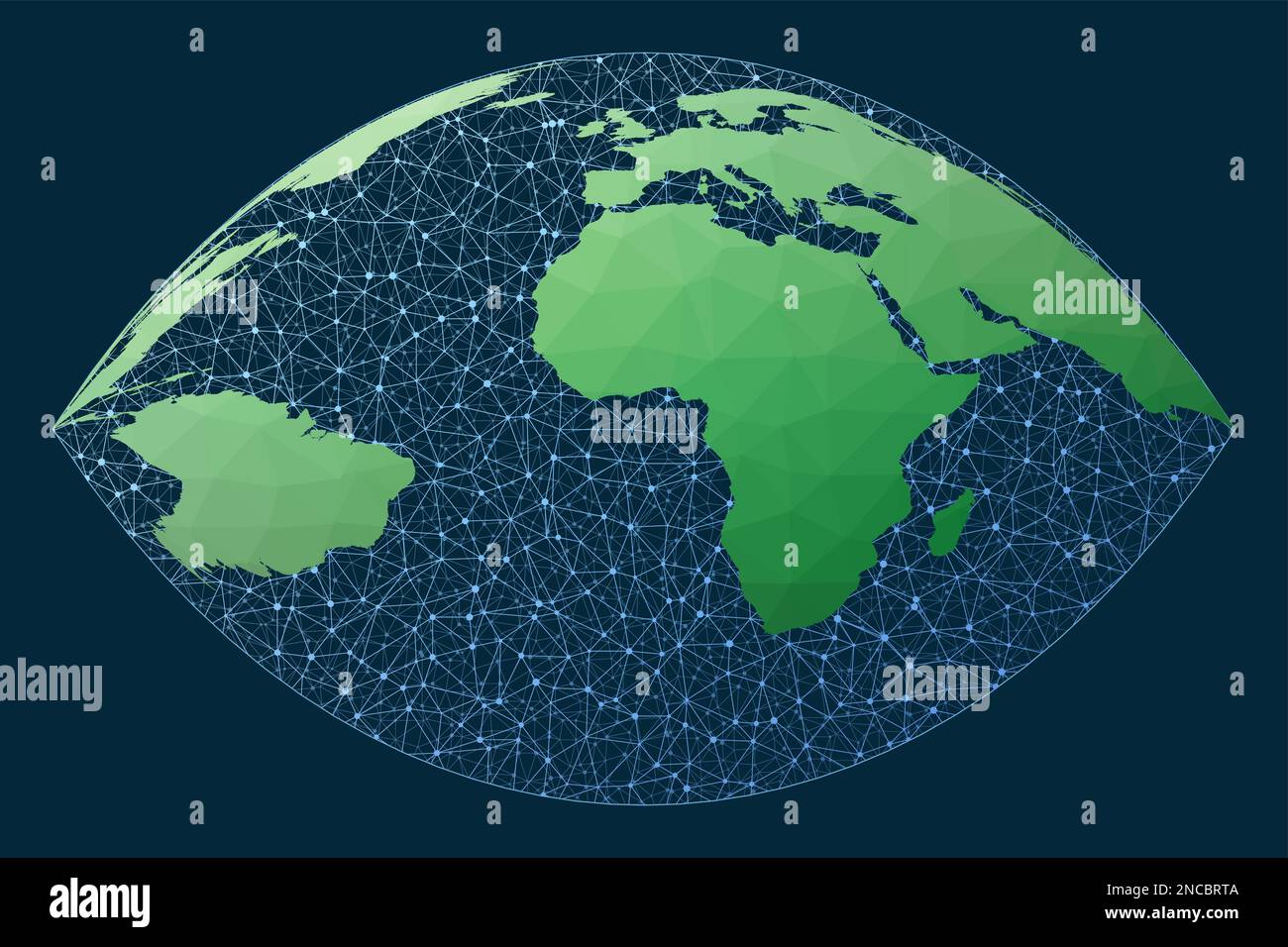 Abstract telecommunication world map. Craig projection. Green low poly ...
