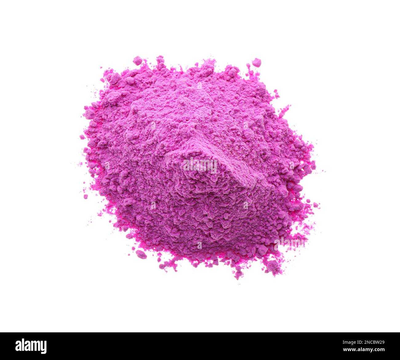 Pile of violet powder isolated on white, top view. Holi festival ...