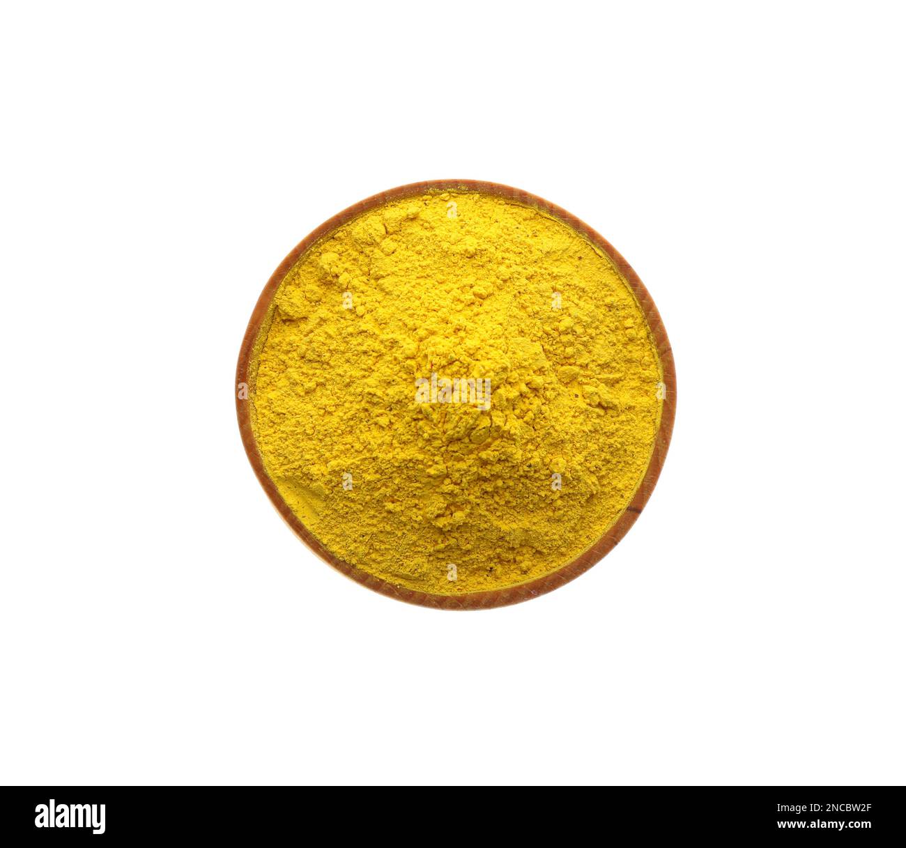 Yellow powder in bowl isolated on white, top view. Holi festival ...