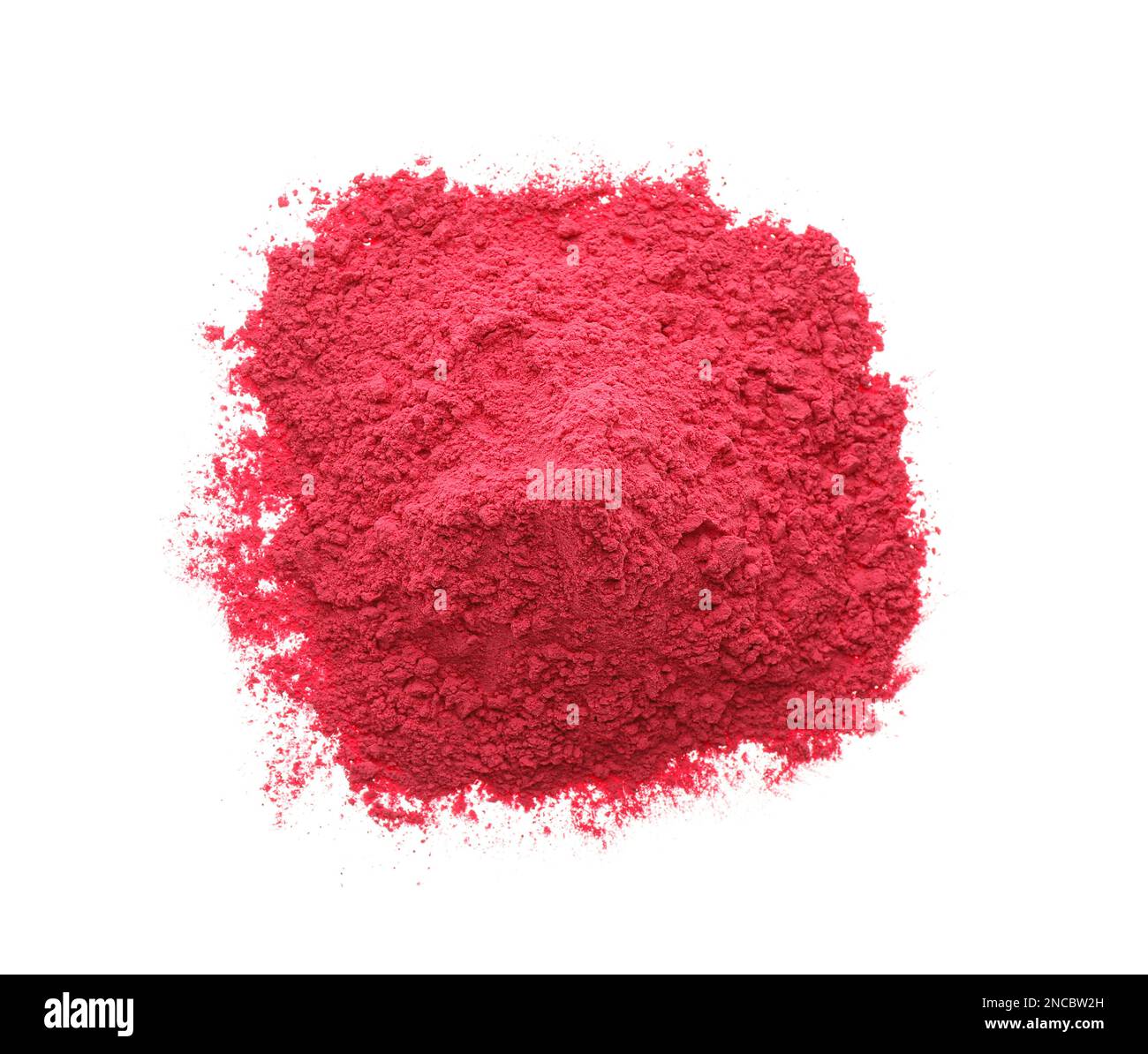 Pile of red powder isolated on white, top view. Holi festival ...
