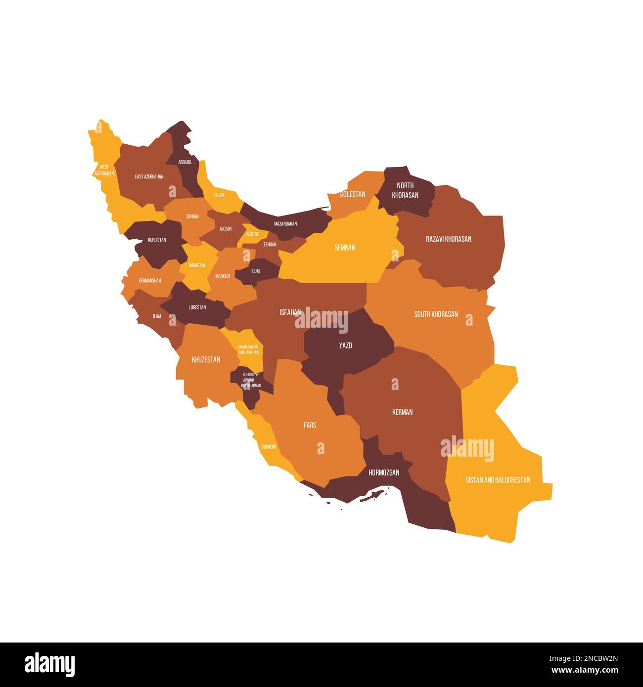 Iran political map of administrative divisions - provinces. Flat vector map with name labels ...
