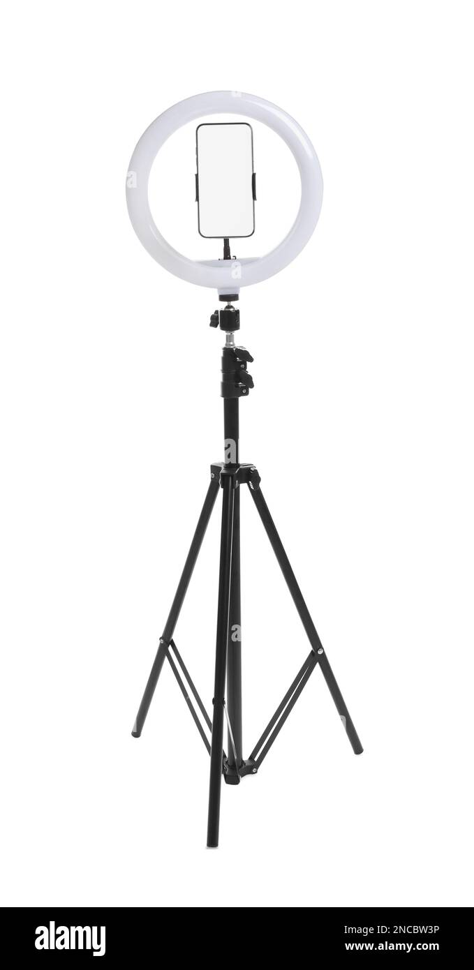 Modern tripod with ring light and smartphone isolated on white Stock ...
