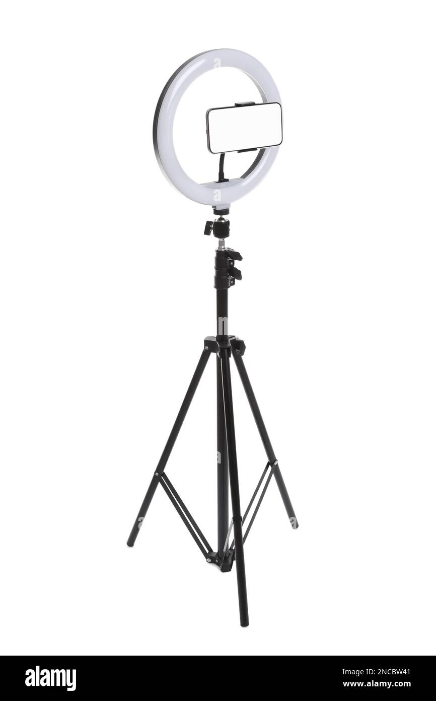 Modern tripod with ring light and smartphone isolated on white Stock ...