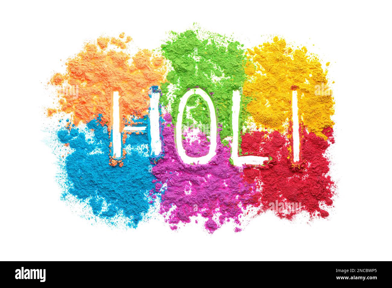 Word Holi and colorful powder dyes on white background, top view Stock ...