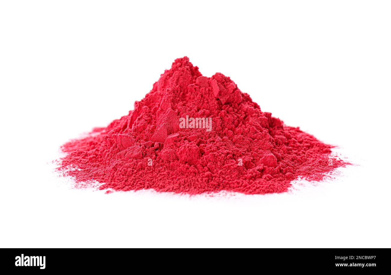 Red powder dye on white background. Holi festival Stock Photo - Alamy
