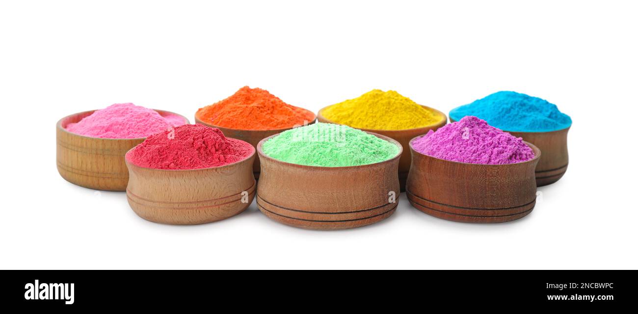 Colorful powder dyes in bowls on white background. Holi festival Stock ...