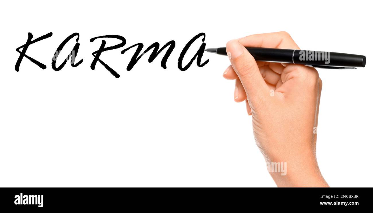 Woman writing word KARMA on white background, closeup, Banner design ...