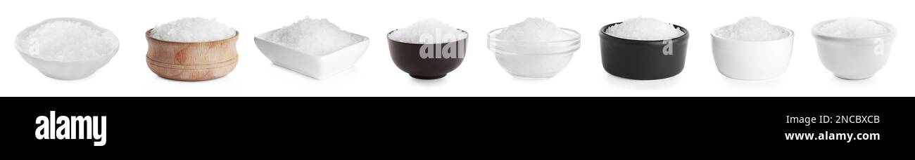 Set with natural sea salt on white background. Banner design Stock ...